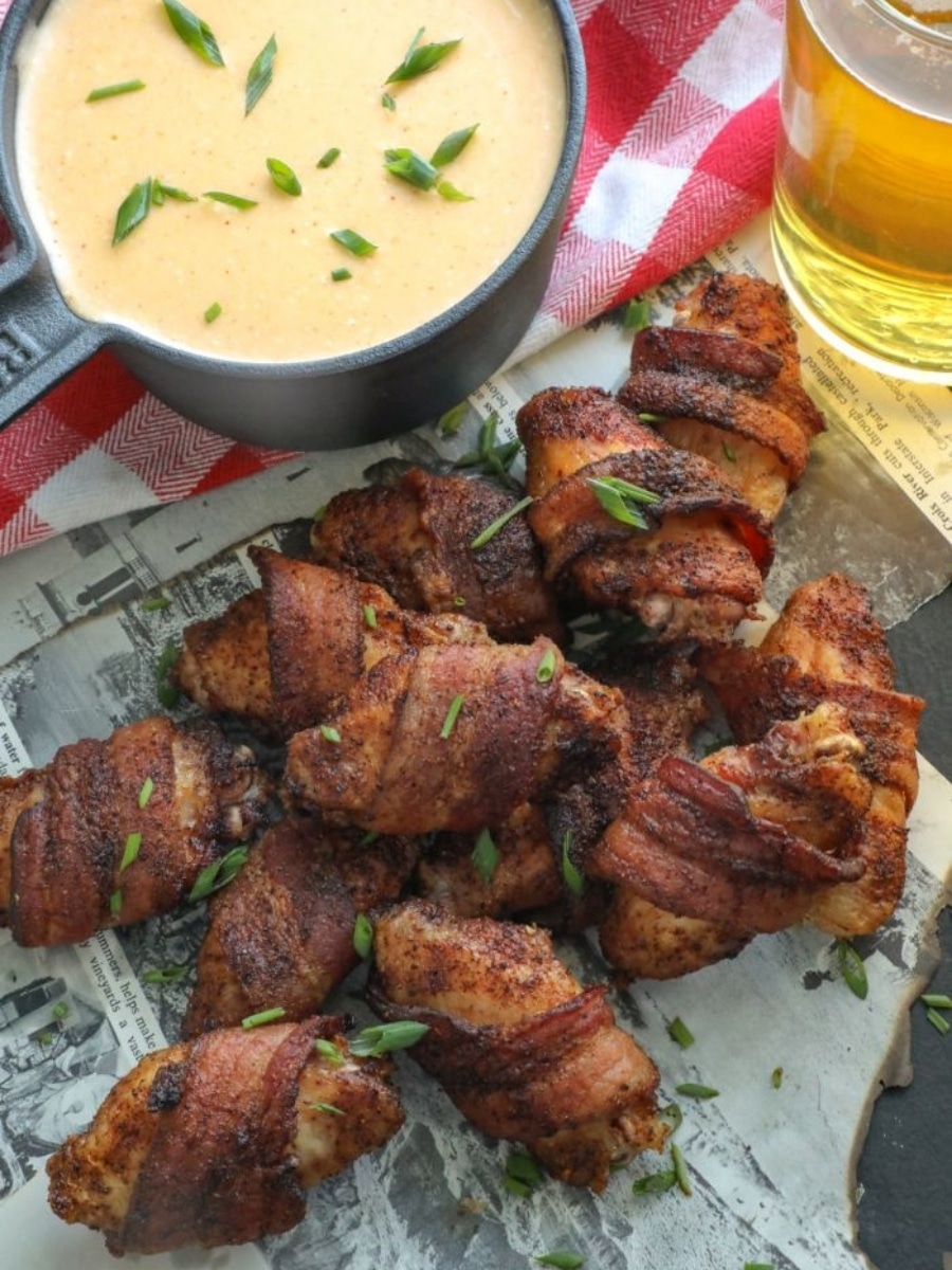 Bacon Wrapped Chicken Wings with Beer Cheese Sauce - Bonappeteach